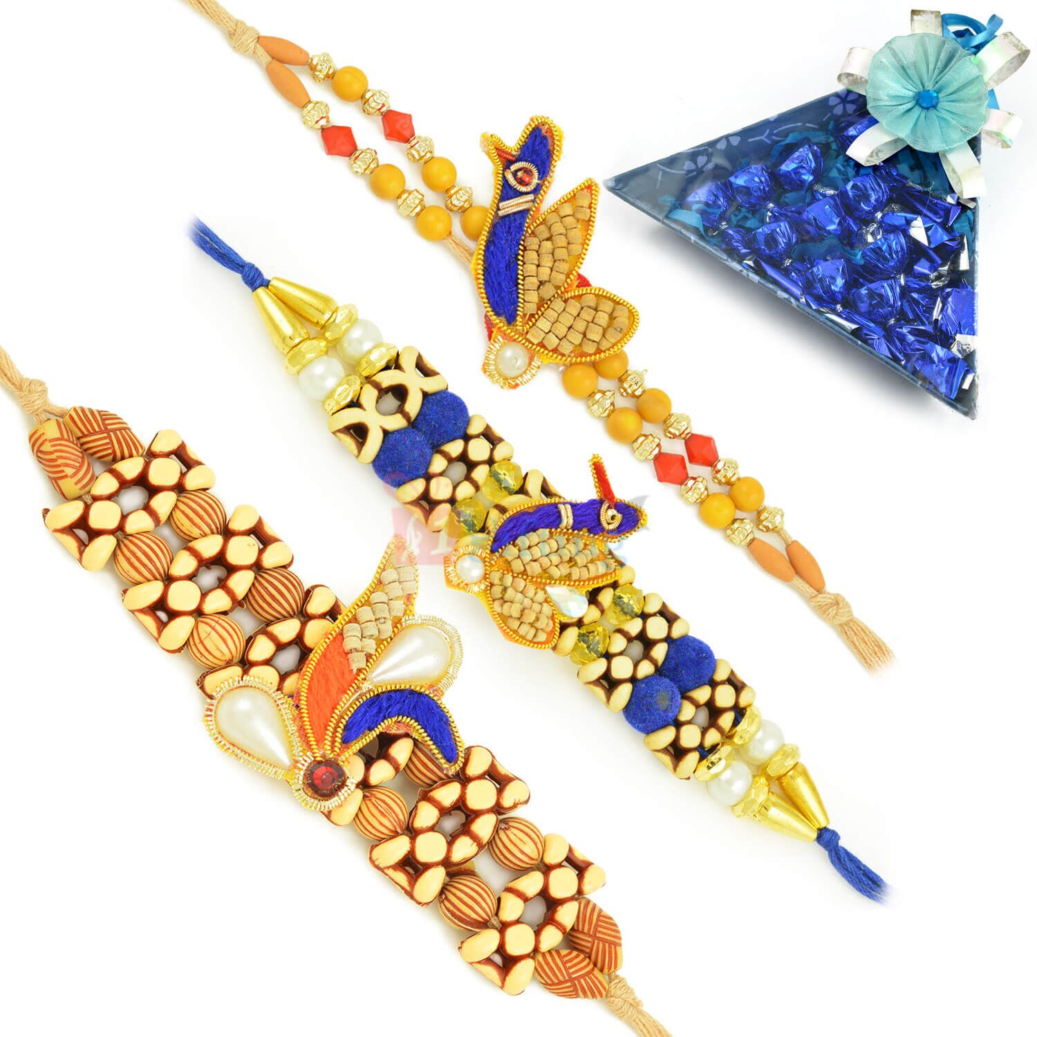 Buy or send Peacock 3 Rakhi Set with Handmade Chocolate Online