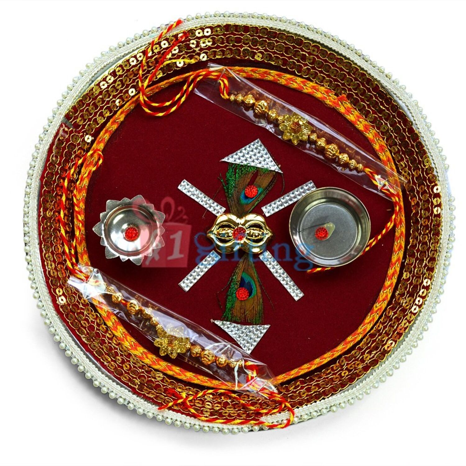 Buy or send Peacock Feather Designer Moli Rakhi Pooja Thali Online